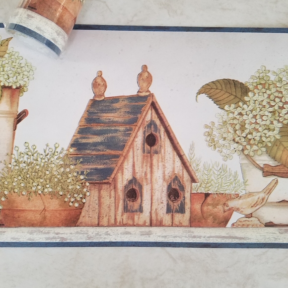 Brewster | Wall Decor | Wallpaper Border Cottage Wooden Birdhouses Blue ...